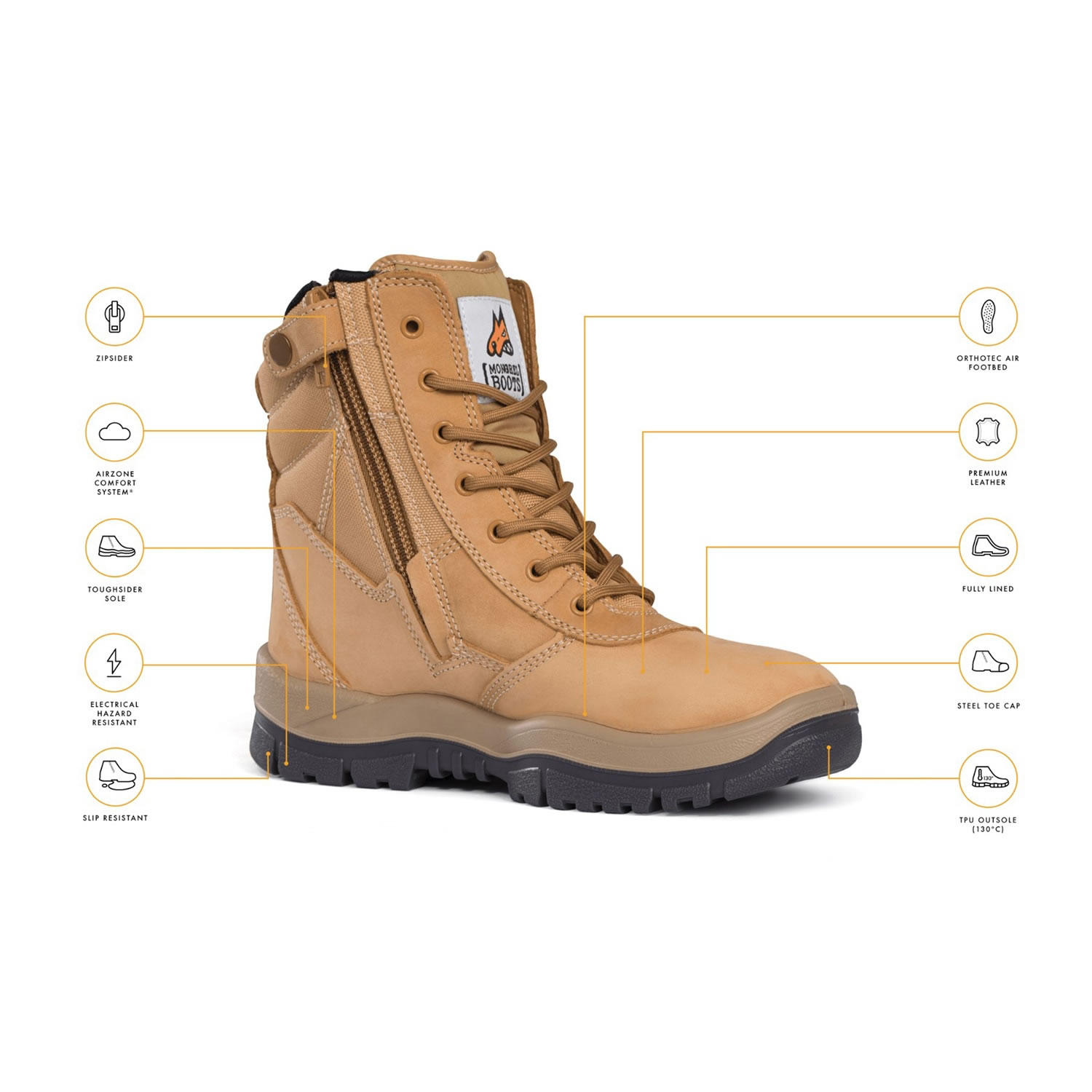 High Leg Side Zipper Safety Boot Wheat | Mongrel Boots